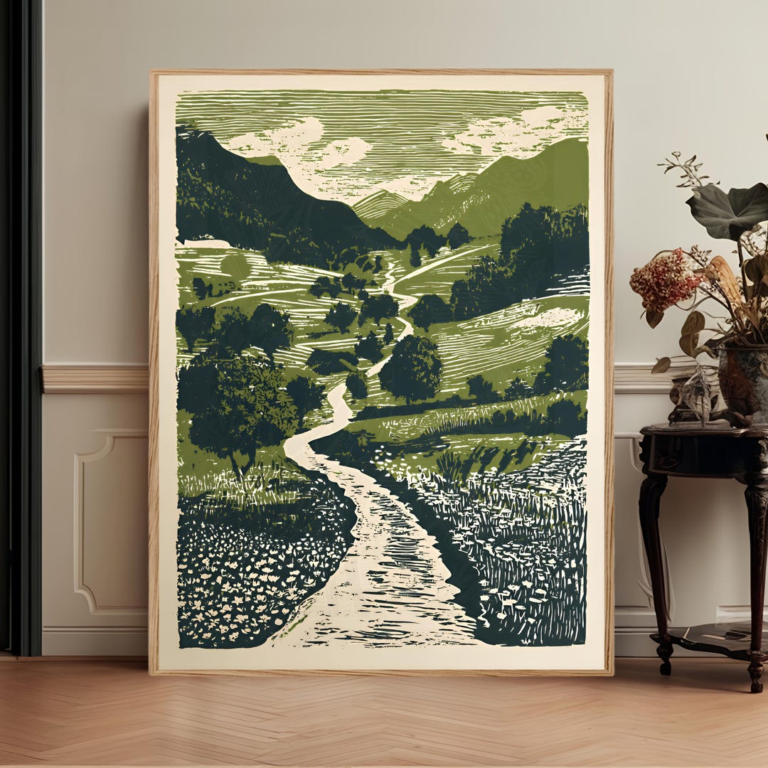 Rustic Mountain Landscape Print, Cottage Woodland Nature Folk Art Wall ...
