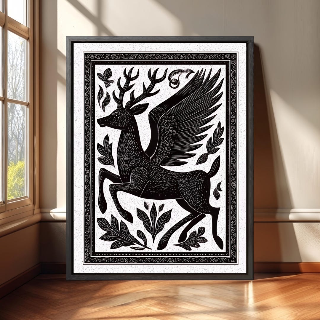 Monochrome Folk Winged Deer Art Print, Modern Mythical Animal Wall Art ...