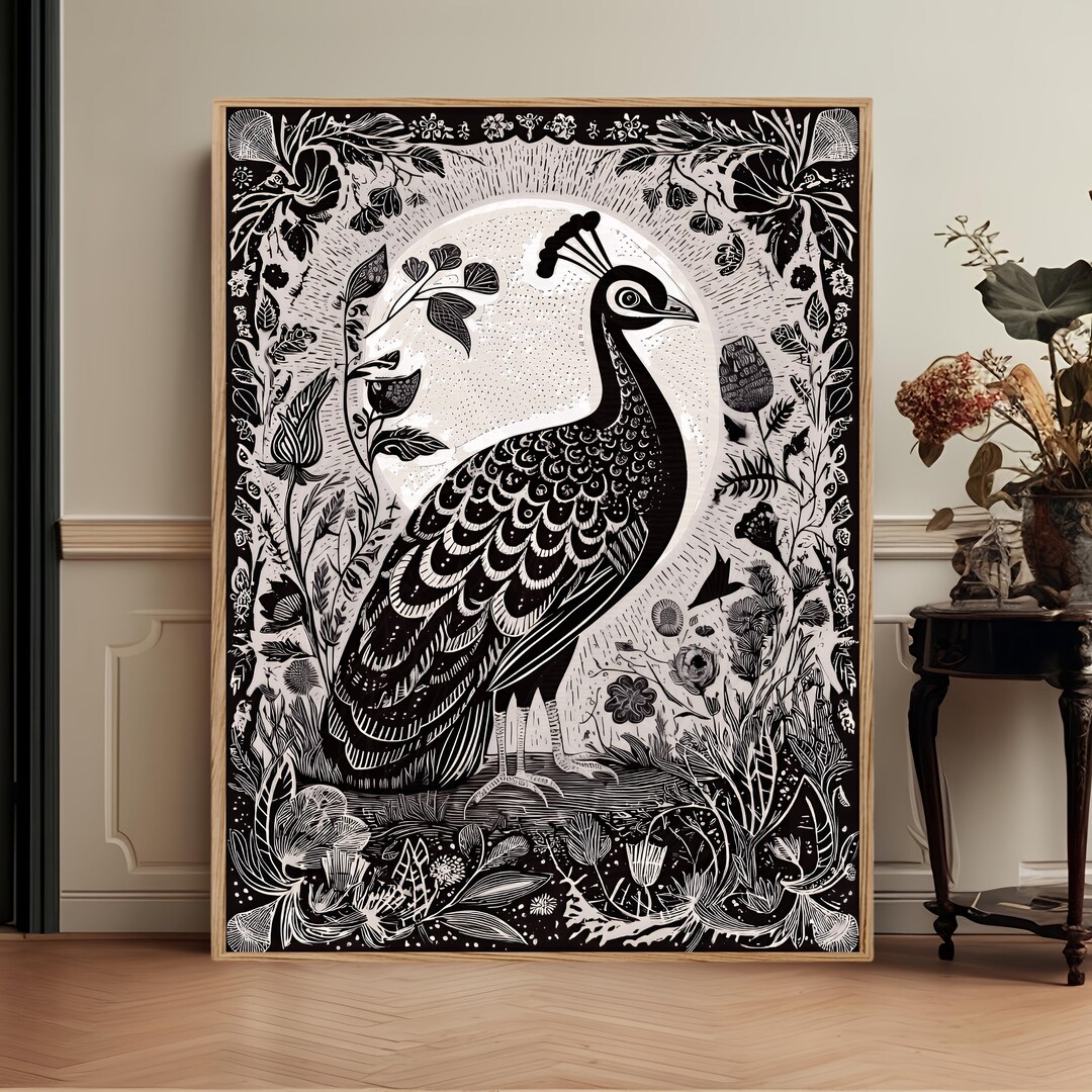 Peacock Folk Art Print, Linocut Nature Wall Art, Monochrome Dark ...