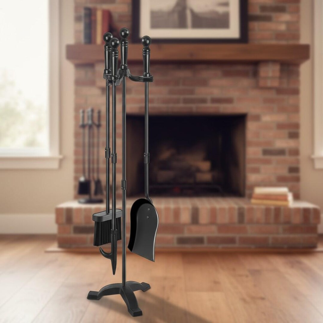 Black Wrought Iron Fireplace Tools Set, 4 Pc Fire Tool Accessories With ...