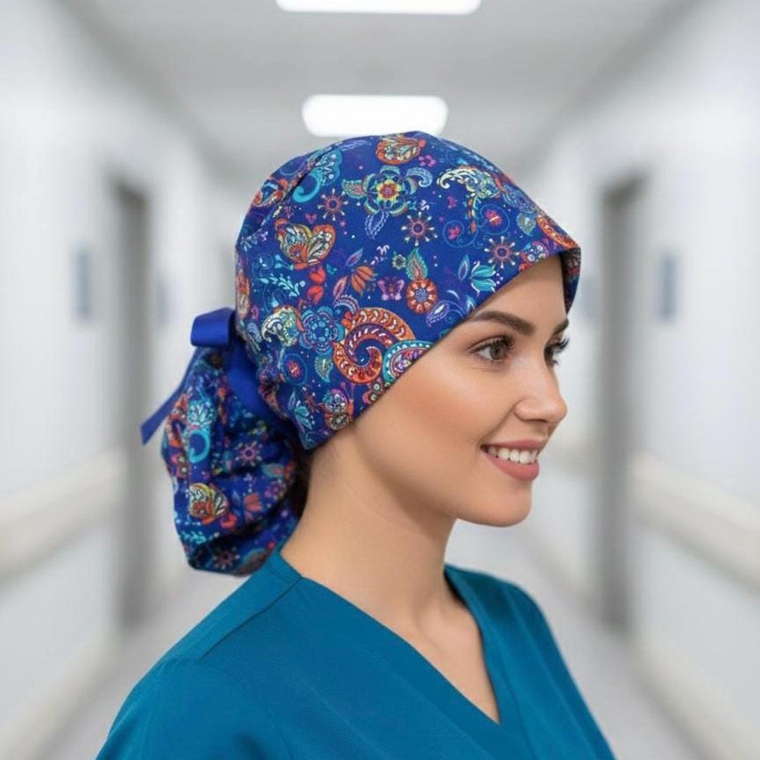 Blue With Floral and Pailsley Print Satin Lined Ponytail Scrub Cap for ...