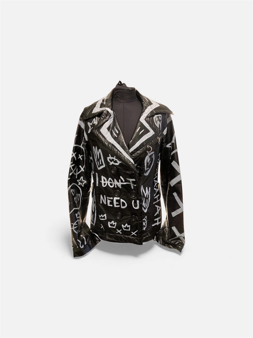 Black Patent Leather Jacket With Hand-painted White Indelible Lettering ...