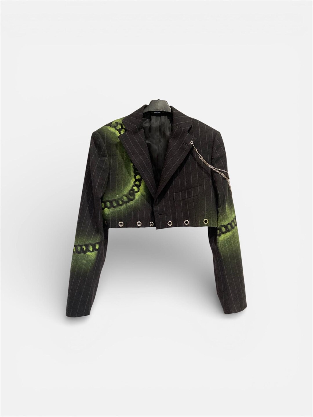 Upcycled Punk Blazer – Reworked Gray Pinstripe Jacket With Neon Yellow ...