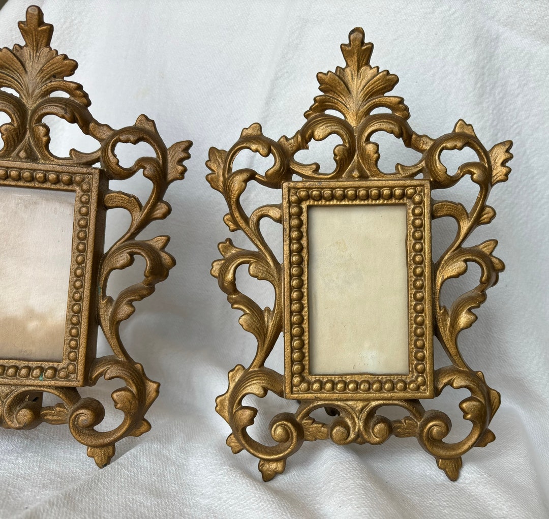 PAIR Picture Frames Miniature Vintage Gold Gilt Cast Iron Easel Picture ...