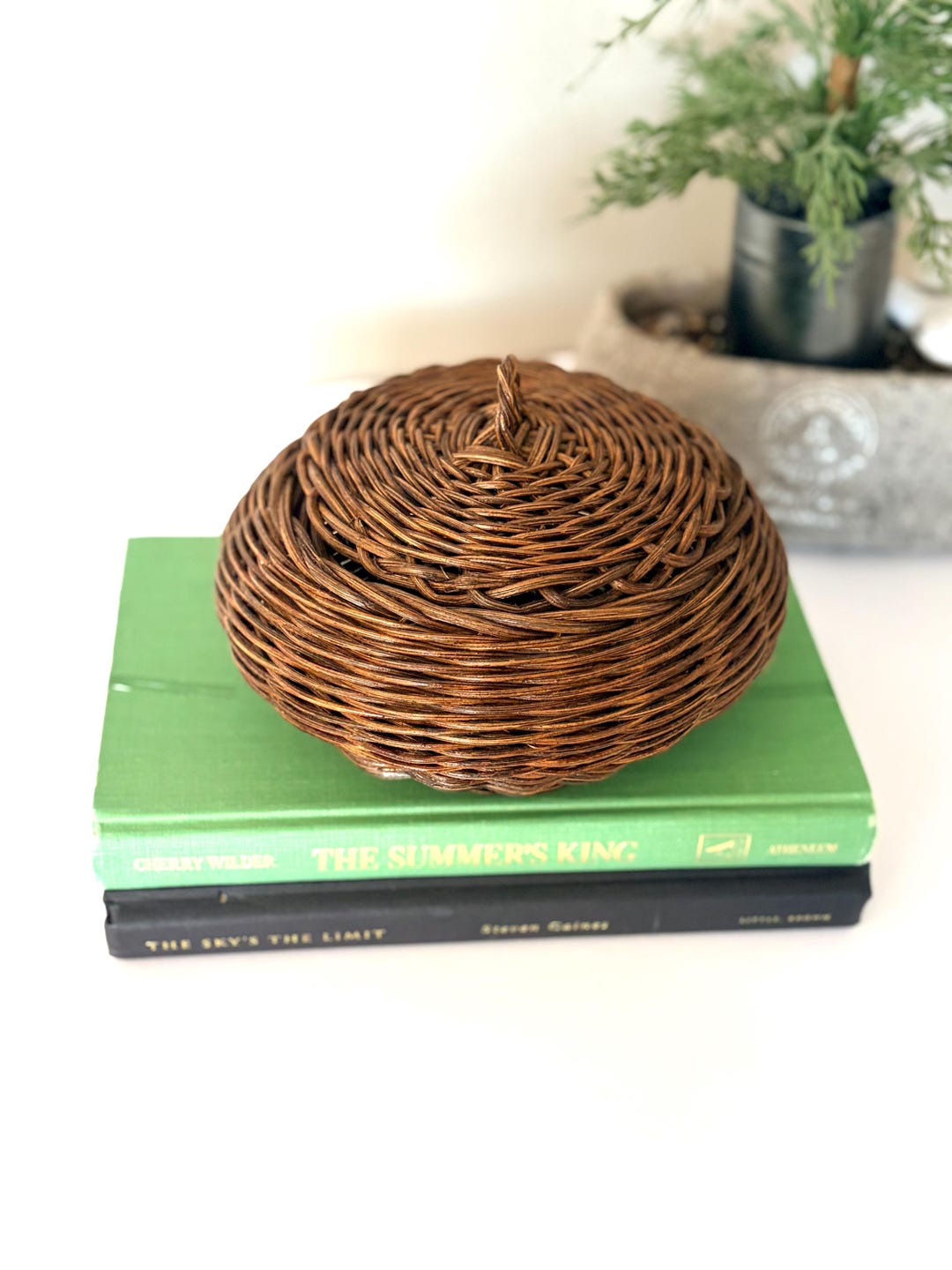 Vintage Wicker Lidded Basket | Boho Rattan Trinket Box - Etsy