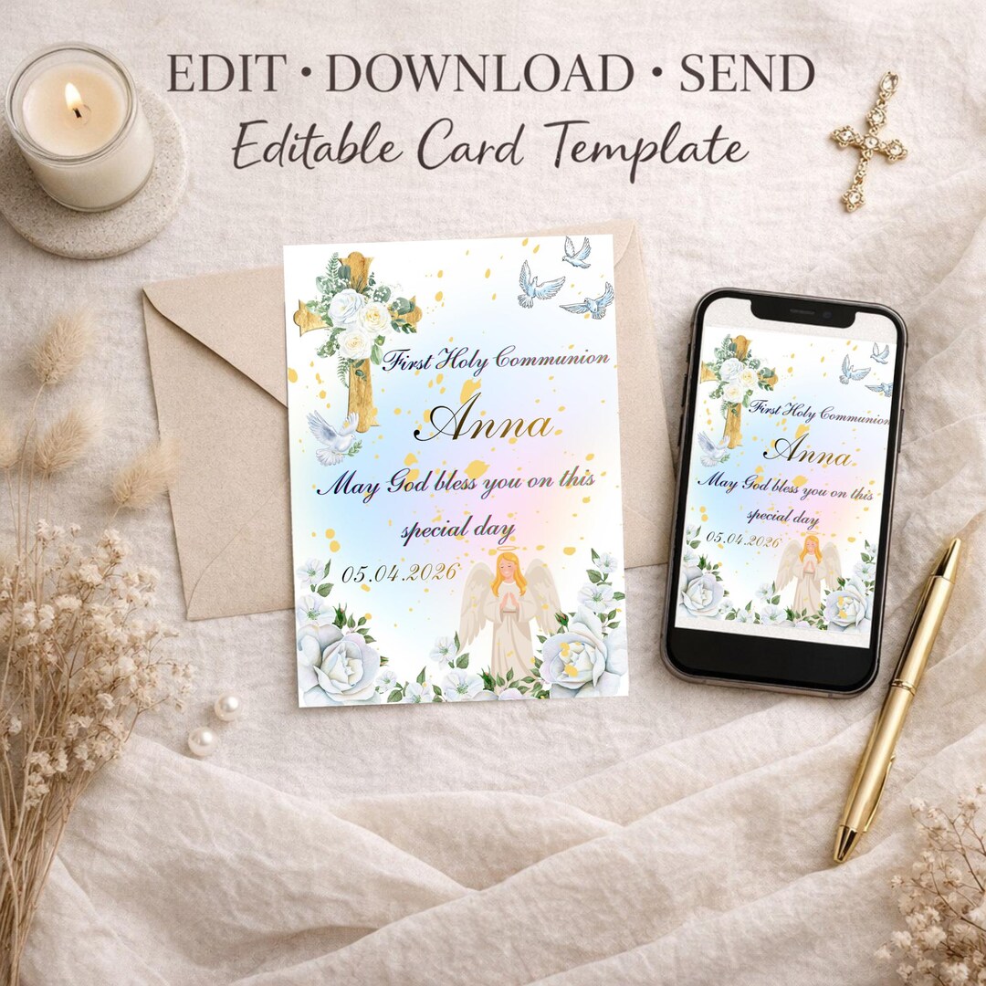 Editable First Holy Communion Card, Canva Template, Printable Card ...