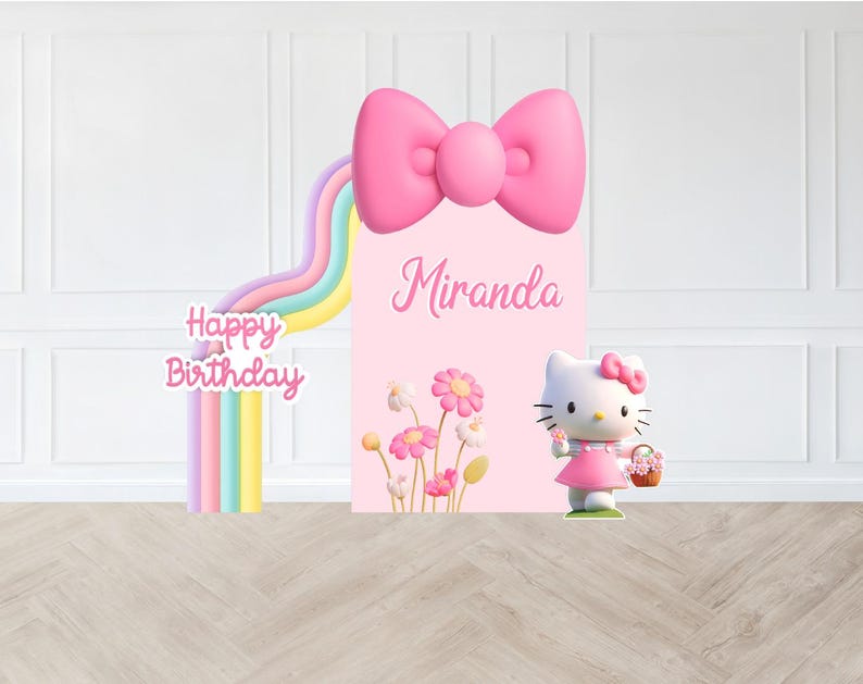Cute Kitty Birthday Backdrop & Prop Set | Arch Panels, Rainbow Accents ...