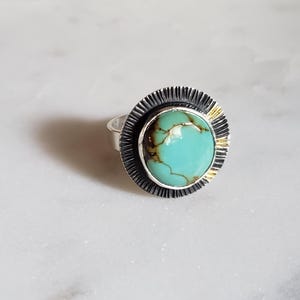 Turquoise Round Stone Ring With Textural Border and 24k Gold Keum-boo ...