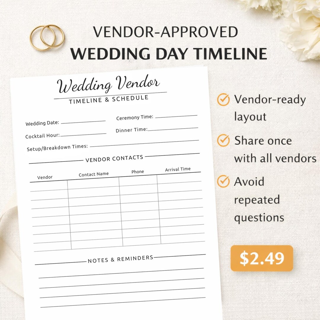 Wedding Vendor Timeline Template, Printable Wedding Day Schedule ...