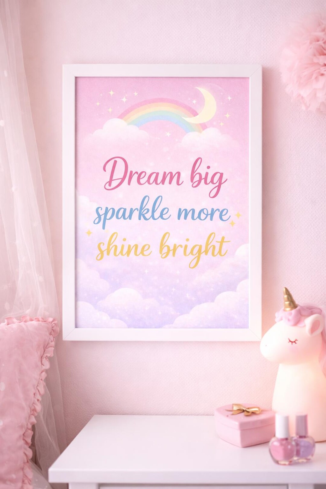 Dream Big Sparkle More Shine Bright Poster – Cute Pink Nursery Wall Art ...