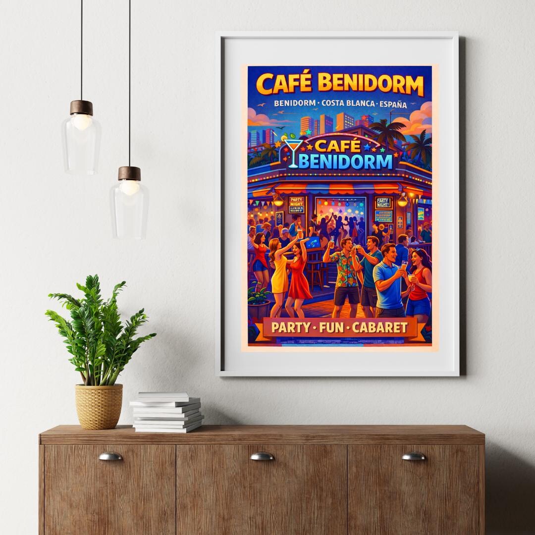 Café Benidorm Poster | Benidorm Nightlife Art Print | Colourful Spanish ...