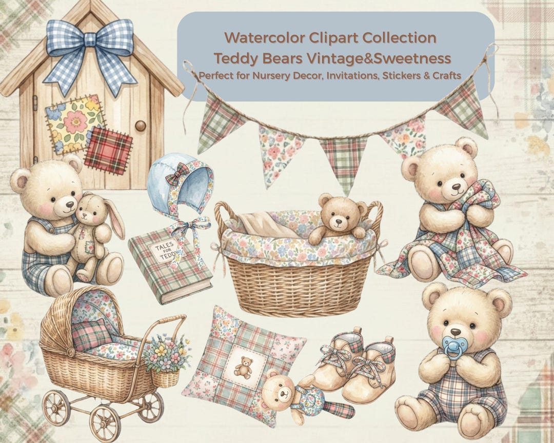 Watercolor Teddy Bear Clipart Set, Vintage Nursery PNG (digital ...
