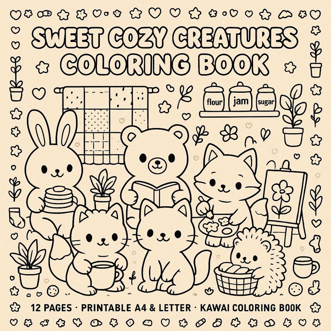 Sweet Cozy Creatures Kawaii Animal Coloring Book | A4 & Letter PDF | 12 ...