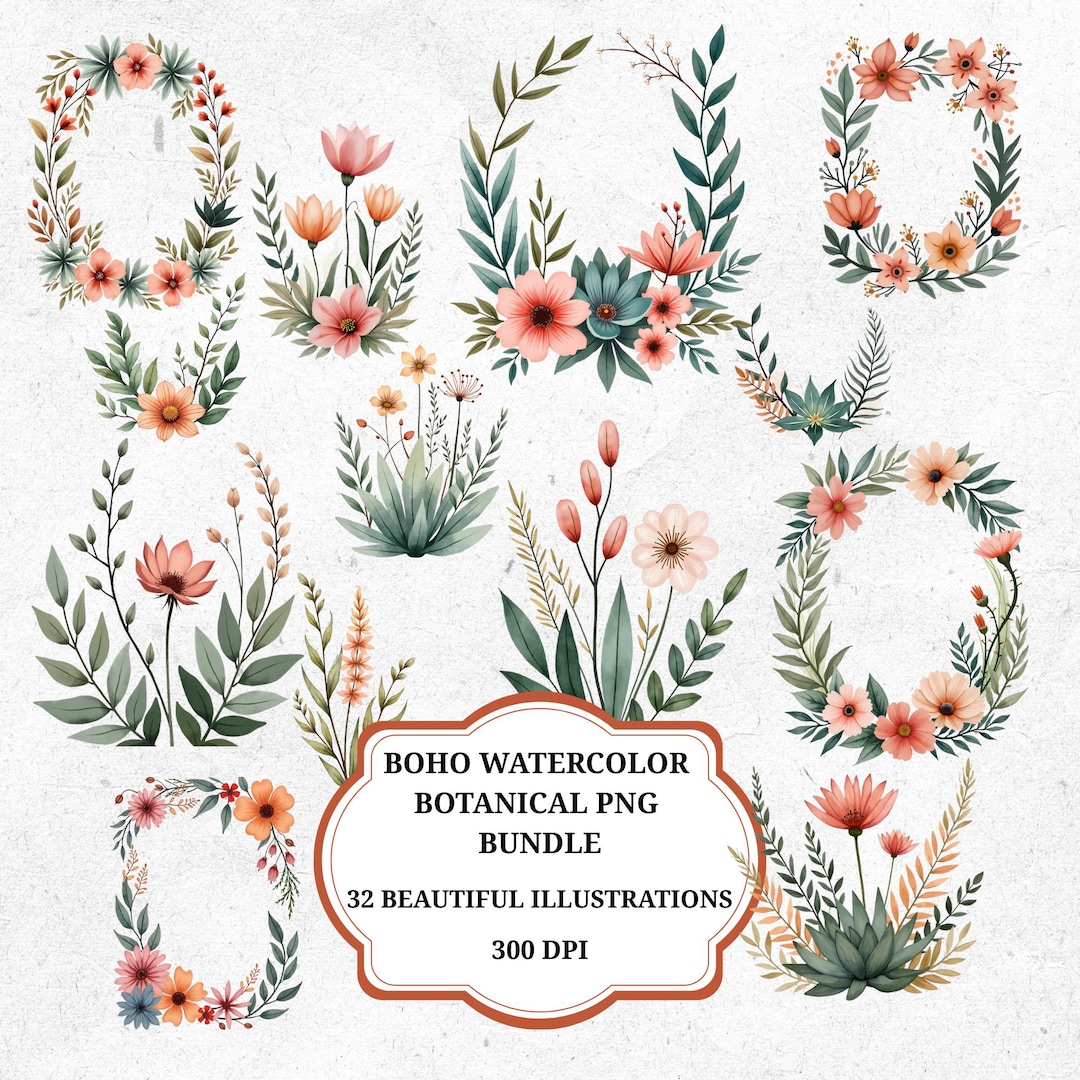 Boho Watercolor Floral Clipart Bundle, Botanical Pngs (commercial Use ...