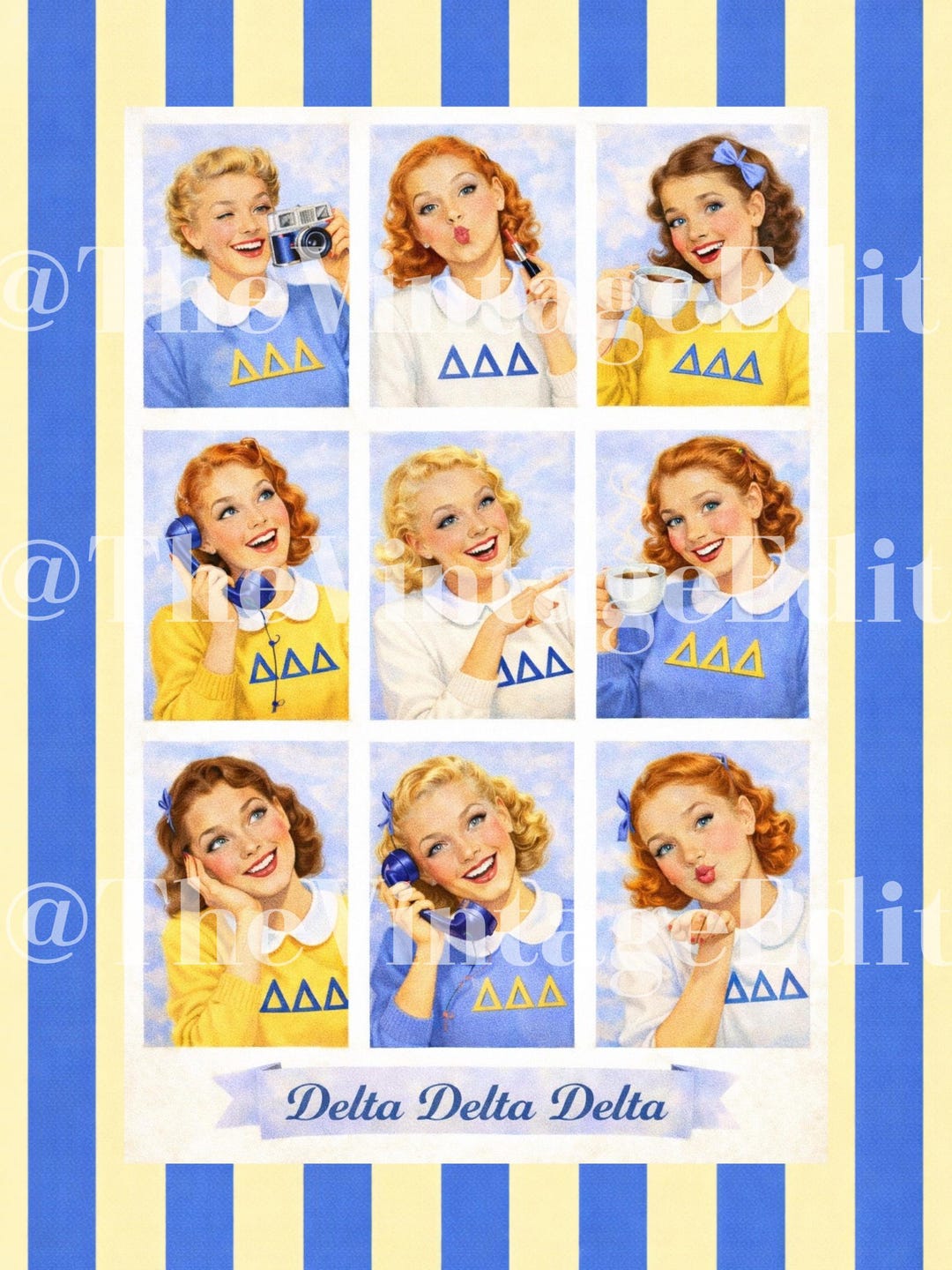 Vintage Tri Delta Retro Girl Collage • 9-panel Sorority Print • ΔΔΔ ...