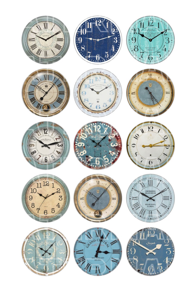 VINTAGE CLOCKS Blue Green Clocks Digital Graphics Download Digital ...