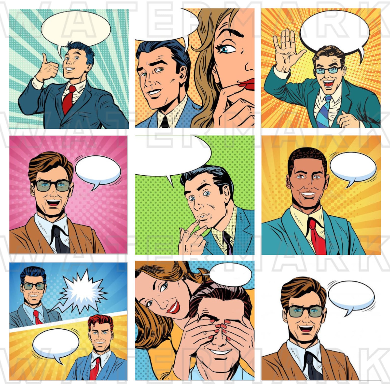 Pop Art COMIC MEN Retro Comics Cartoon Conversation Clouds 2.5 Inch ...