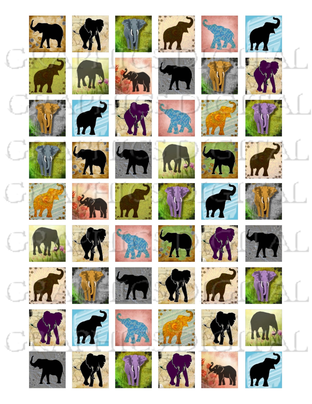 ELEPHANTS COLORFUL Artistic Digital Collage Sheet Colorful Elephants ...