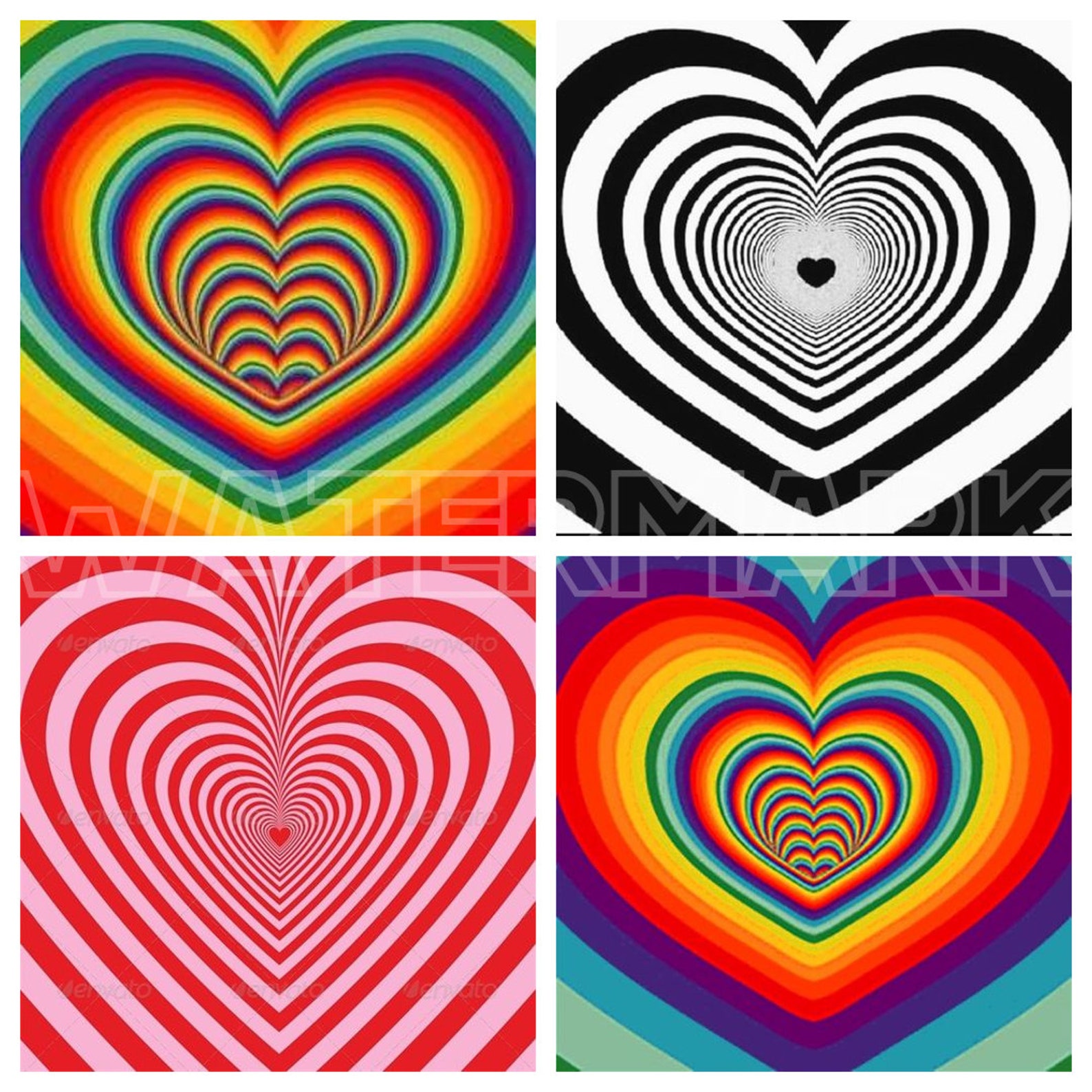 OPTICAL ILLUSION HEARTS Colorful Valentine Op Art 4 Inch Square Digital ...