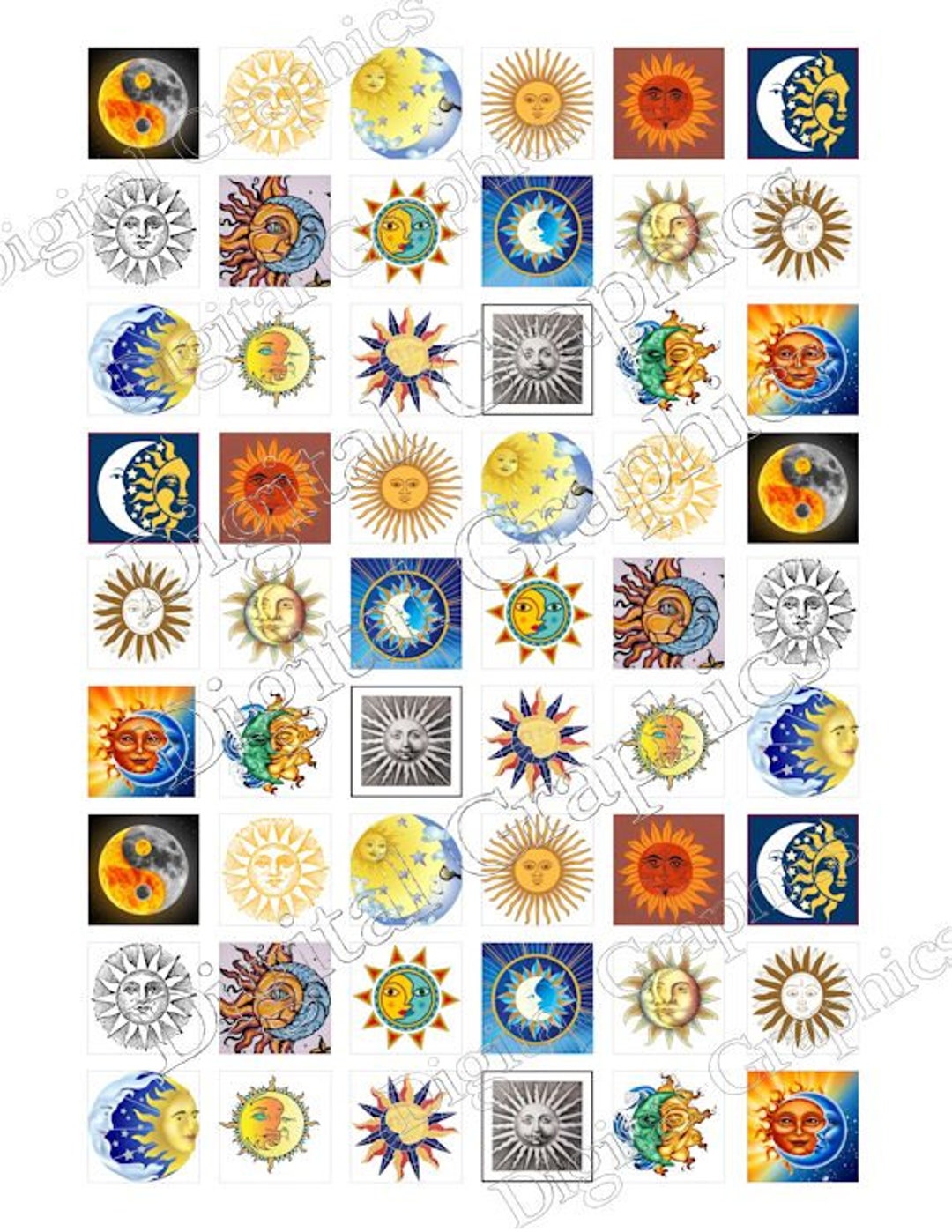 Sun and Moon Digital Collage Sheet Instant Download 1 Inch Square - Etsy