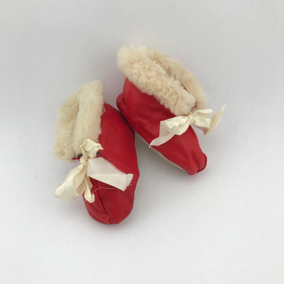 Vintage Children's Slippers, Red Leather Slippers With Faux Sheepskin ...