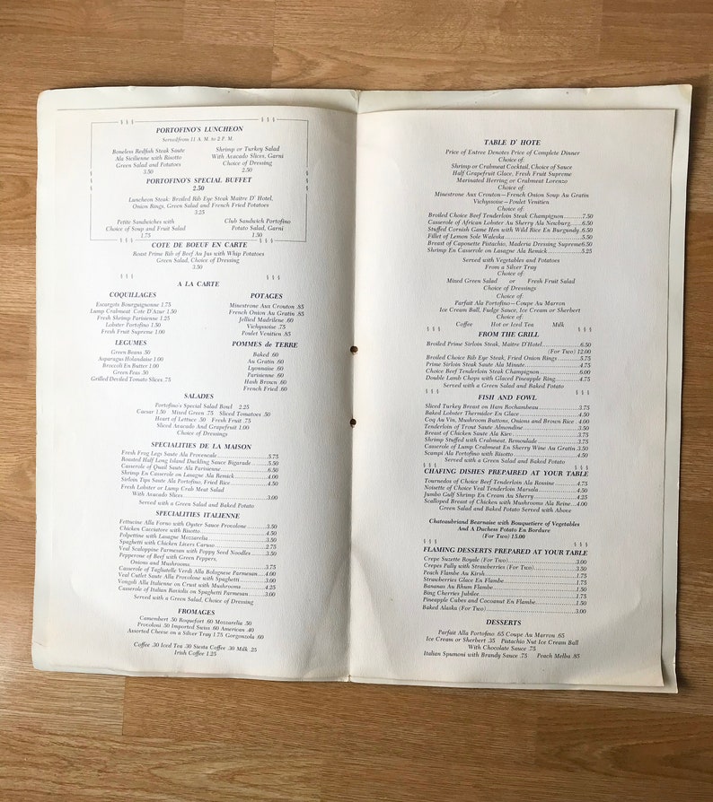 Vintage Portofino's Menu Very Large 1960's Menu - Etsy