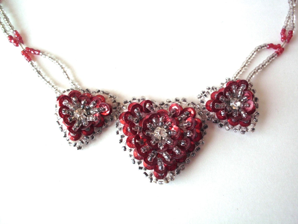 Vintage Sequined and Beaded Heart Necklace Sequin Hearts - Etsy