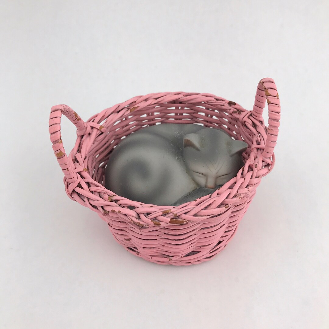 Vintage Avon Cat Figurine and Pink Wicker Basket, Cat in A Basket ...