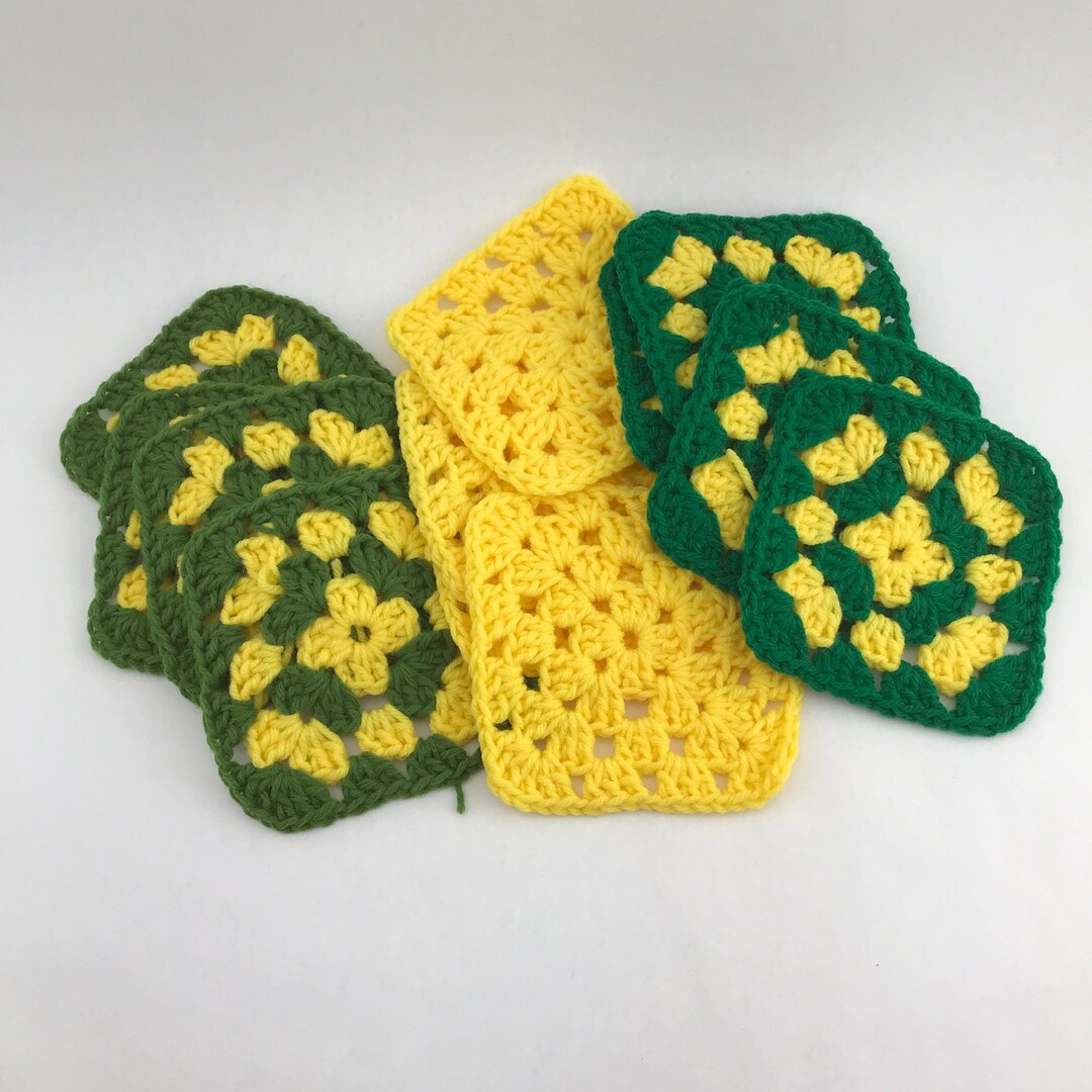 Vintage Lot of 12 Granny Squares, Green and Yellow Granny Squares ...