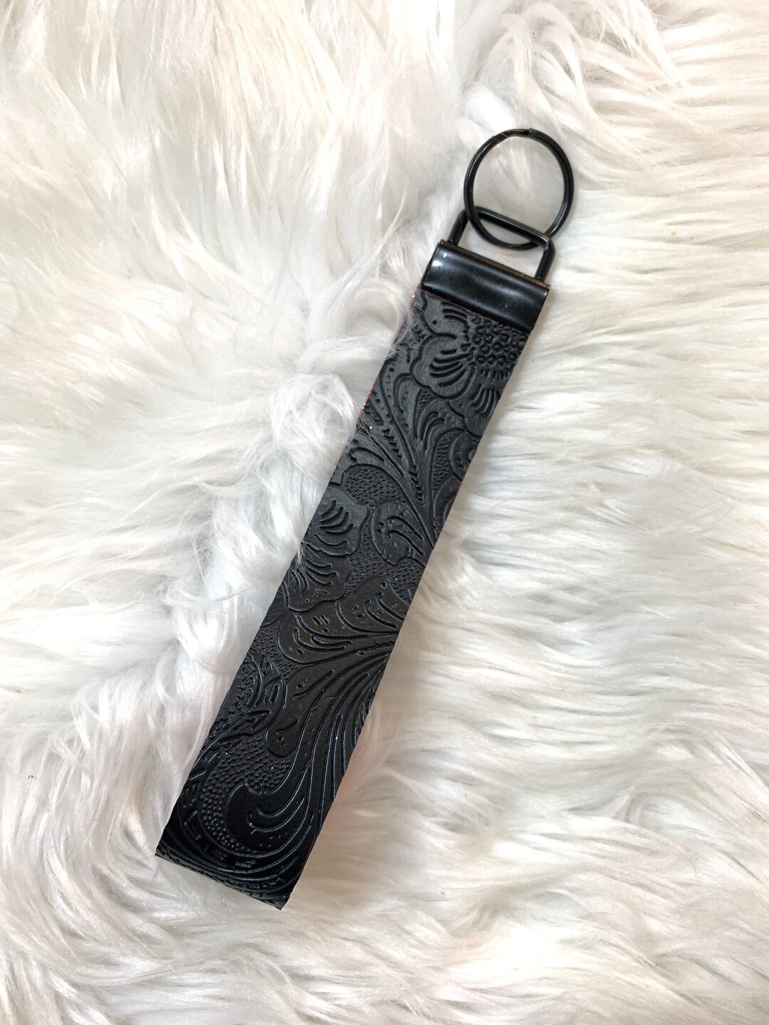 Textured Black Glitter Wristlet | Keychain | Faux Leather | Key Fob ...