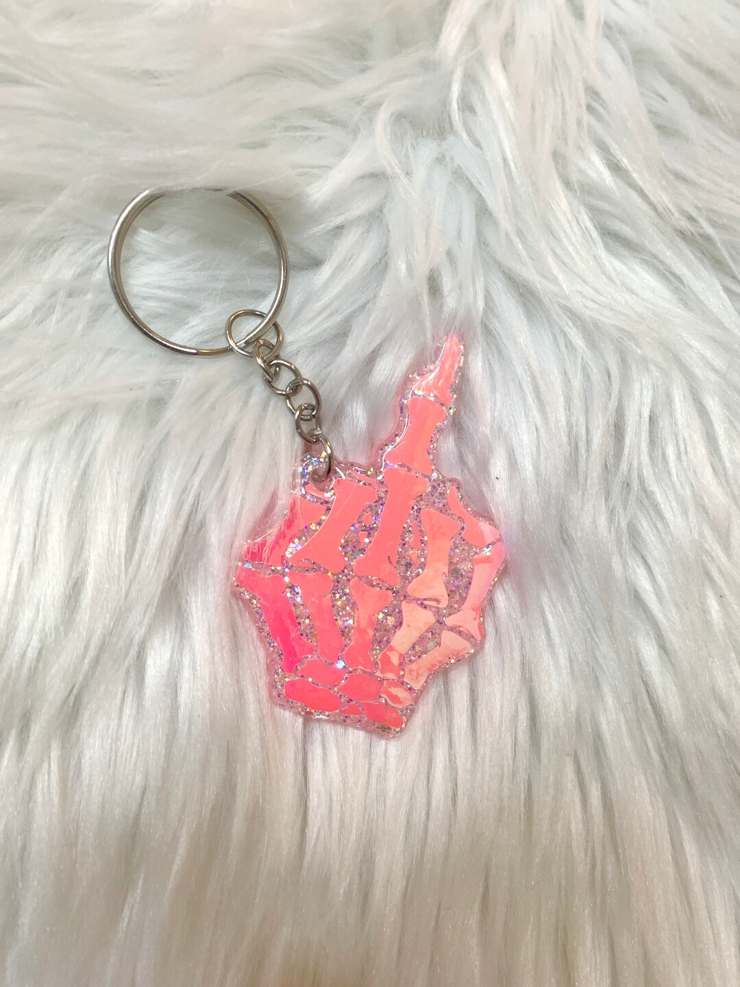 Pink Skeleton Middle Finger Keychain | White Glitter Pink/orange ...