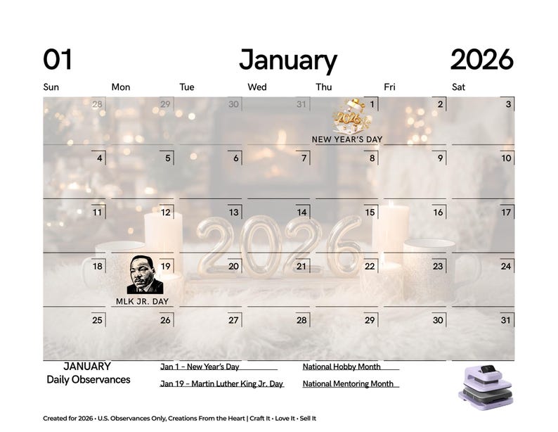 2026 Daily Observances Calendar, for Crafters, Creatives and Small ...