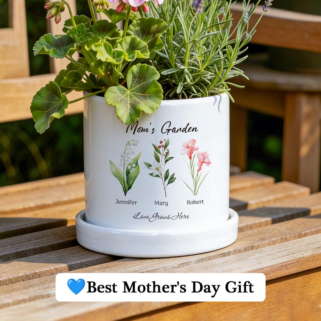 Personalized Birth Flower Mom Pot, Custom Family Names Planter - Etsy