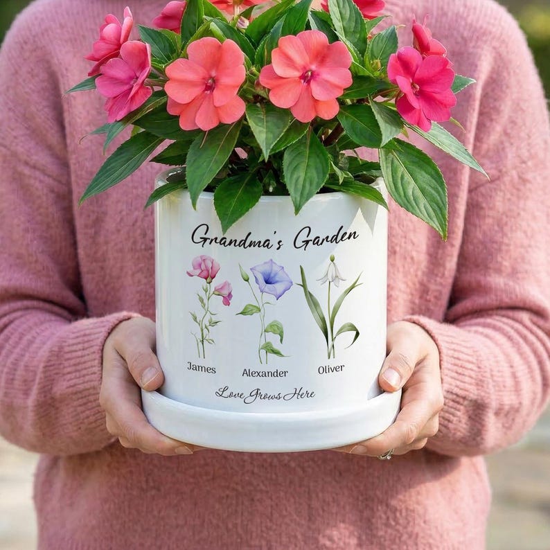 Personalized Birth Flower Mom Pot, Custom Family Names Planter - Etsy
