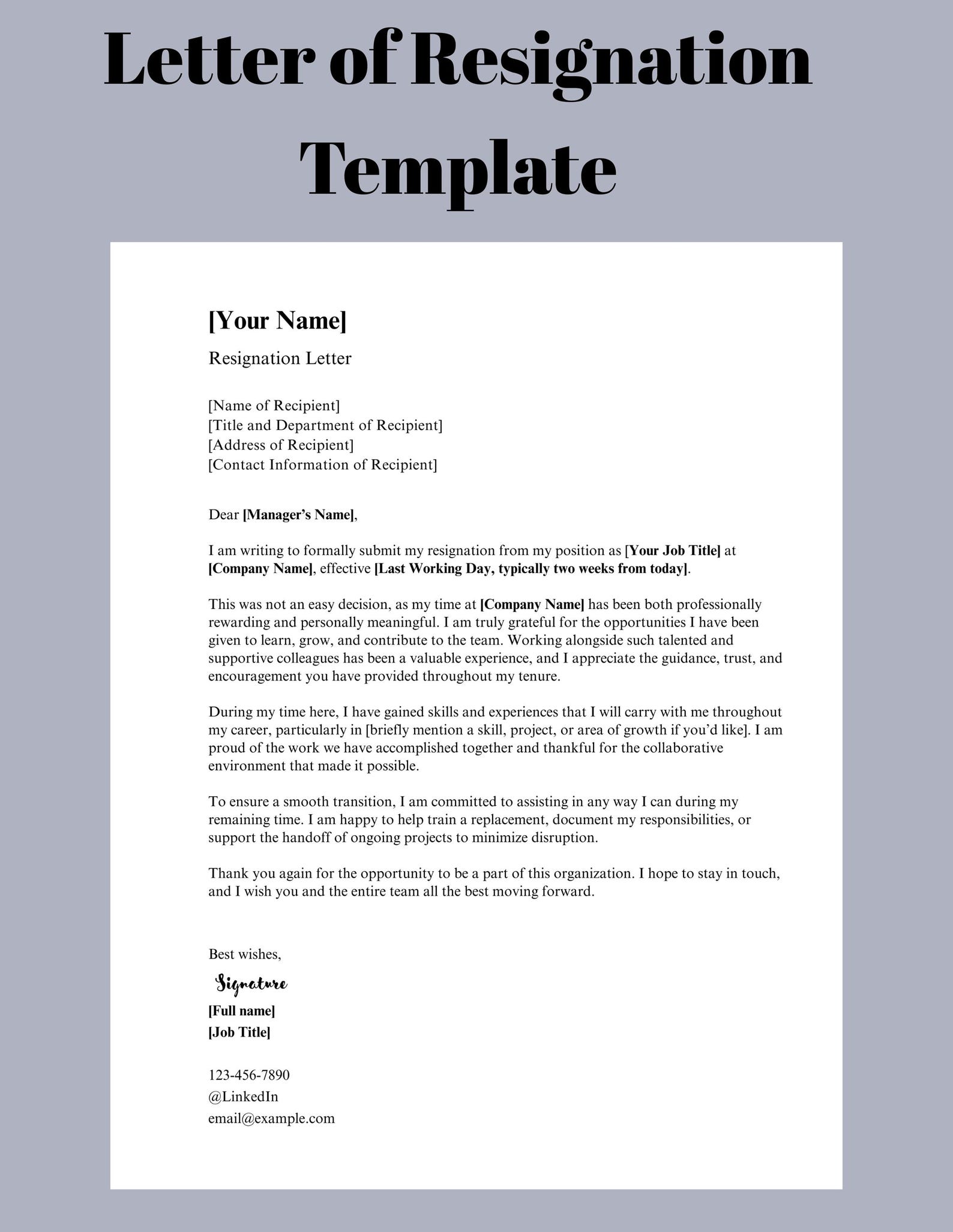 Editable Resignation Letter Template | Professional Letter of ...