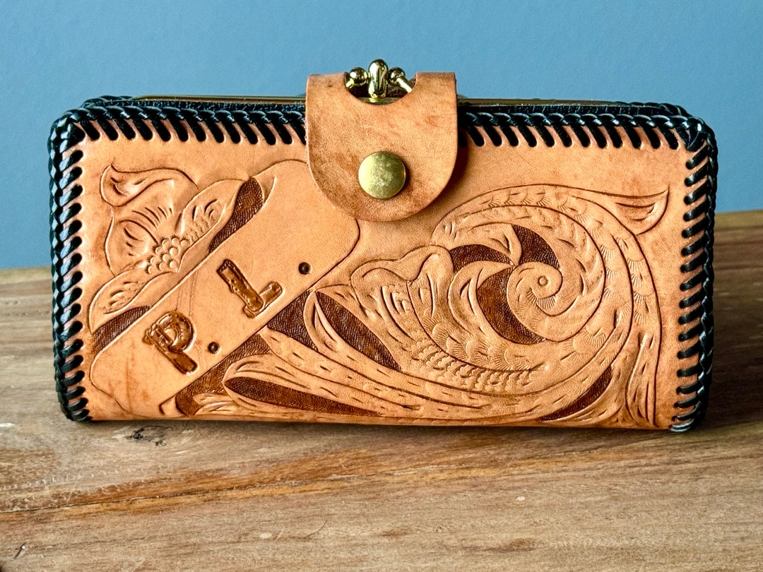 Vintage WESTERN Hand Tooled Flower Lilies Brown Large Leather Wallet ...
