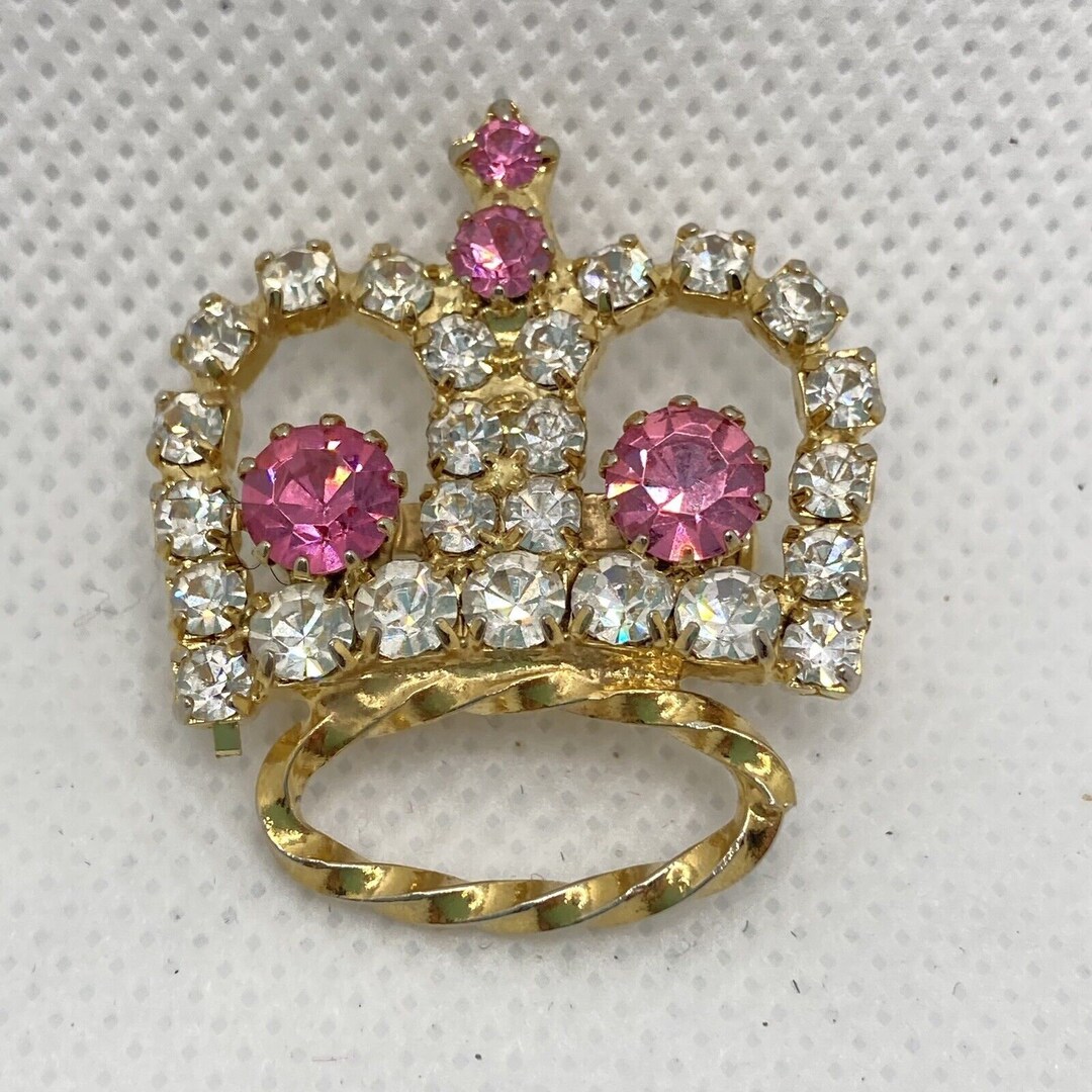 Nice VTG 60's Clear Pink Rhinestone Gold Tone Crown Brooch Pin ...
