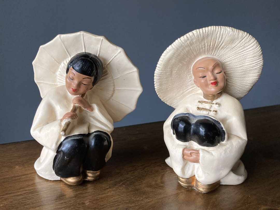 RARE Pair VTC 1950 Chalkware Asian Man Woman Figurines Statues ...