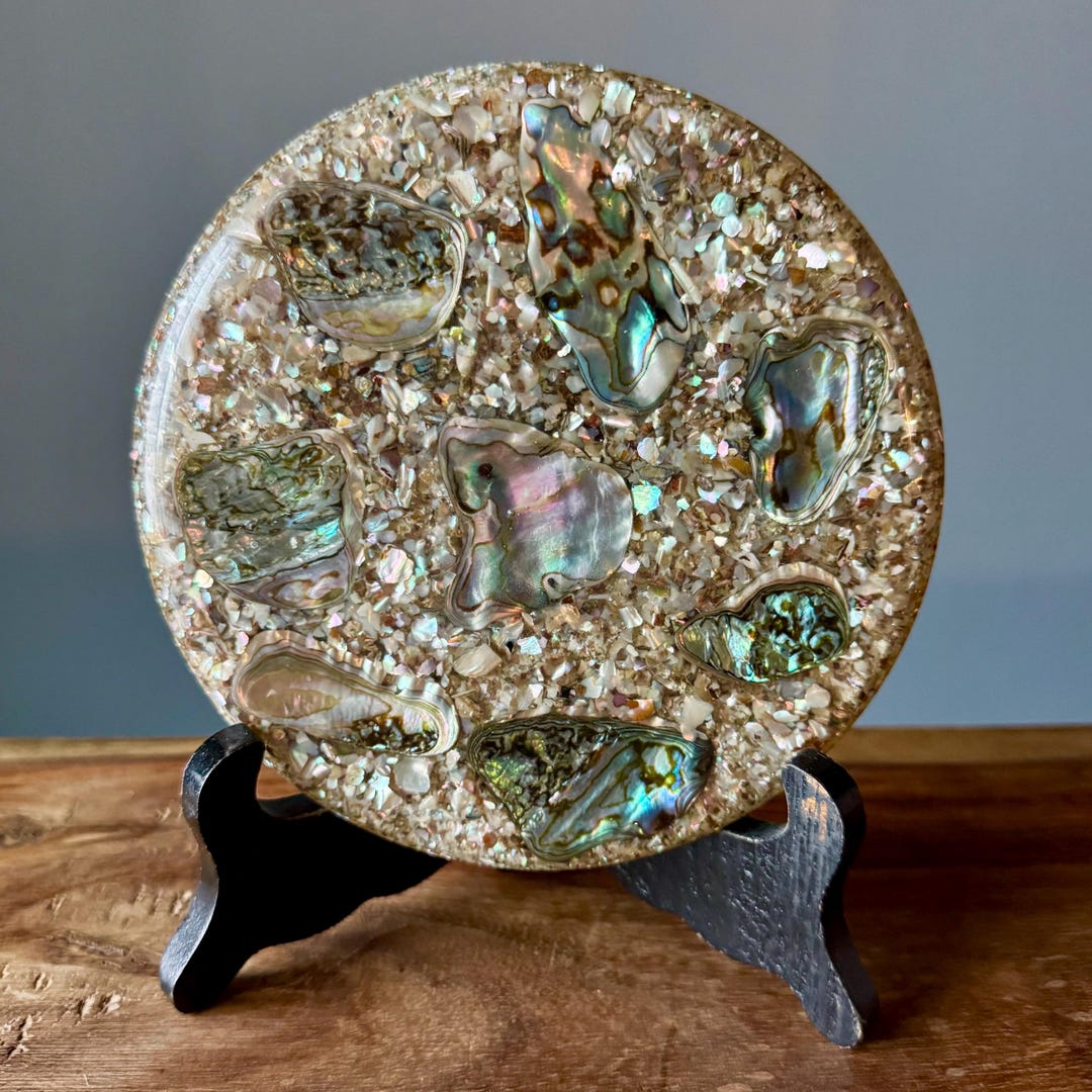 Vintage Abalone Shell Hot Plate Trivet Footed Lucite 5.5” Made in ...