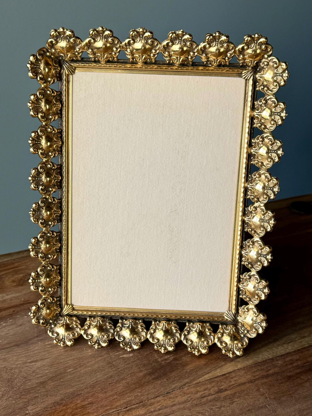 NICE Vintage 50s Ornate Gold Tone Picture Frame Velvet Backing Holds 6. ...