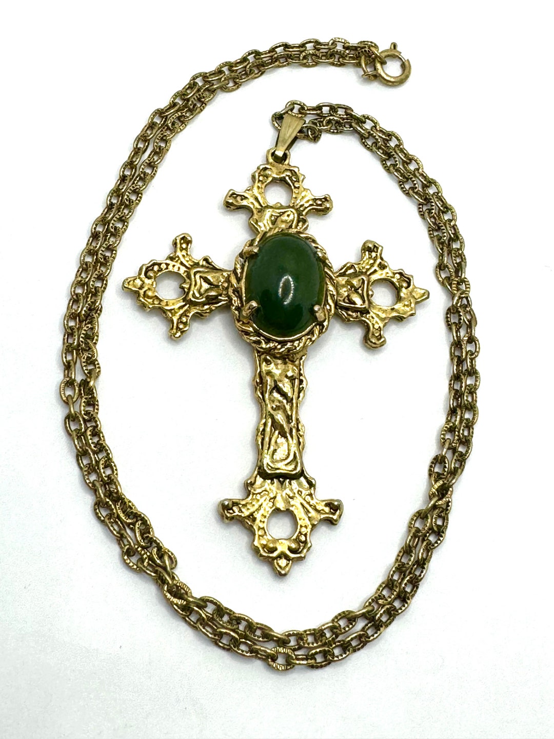 Vintage Gothic Green JADE Cabochon Cross Pendant Gold Tone Chain ...