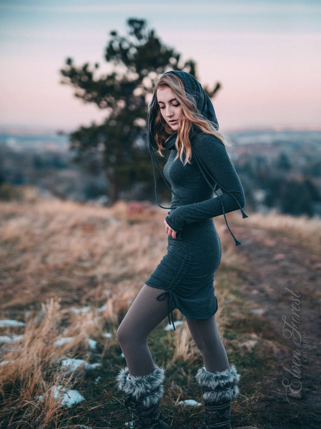 Hi-lo Scrunchie Dress ~ With Cowl Hood and Kangaroo Pocket and Thumb ...