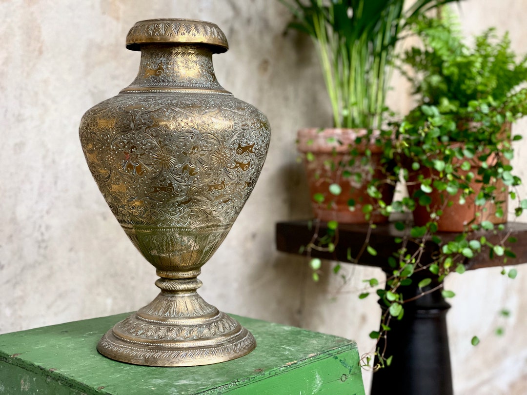 Antique Brass Indian Engraved Urn Vase - Etsy