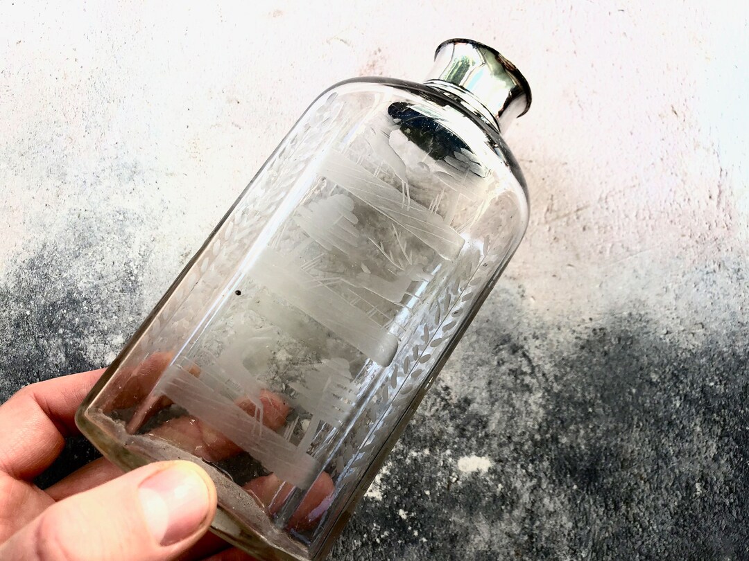 Antique Hunting Themed Etched Glass & Silver Bottle - Etsy