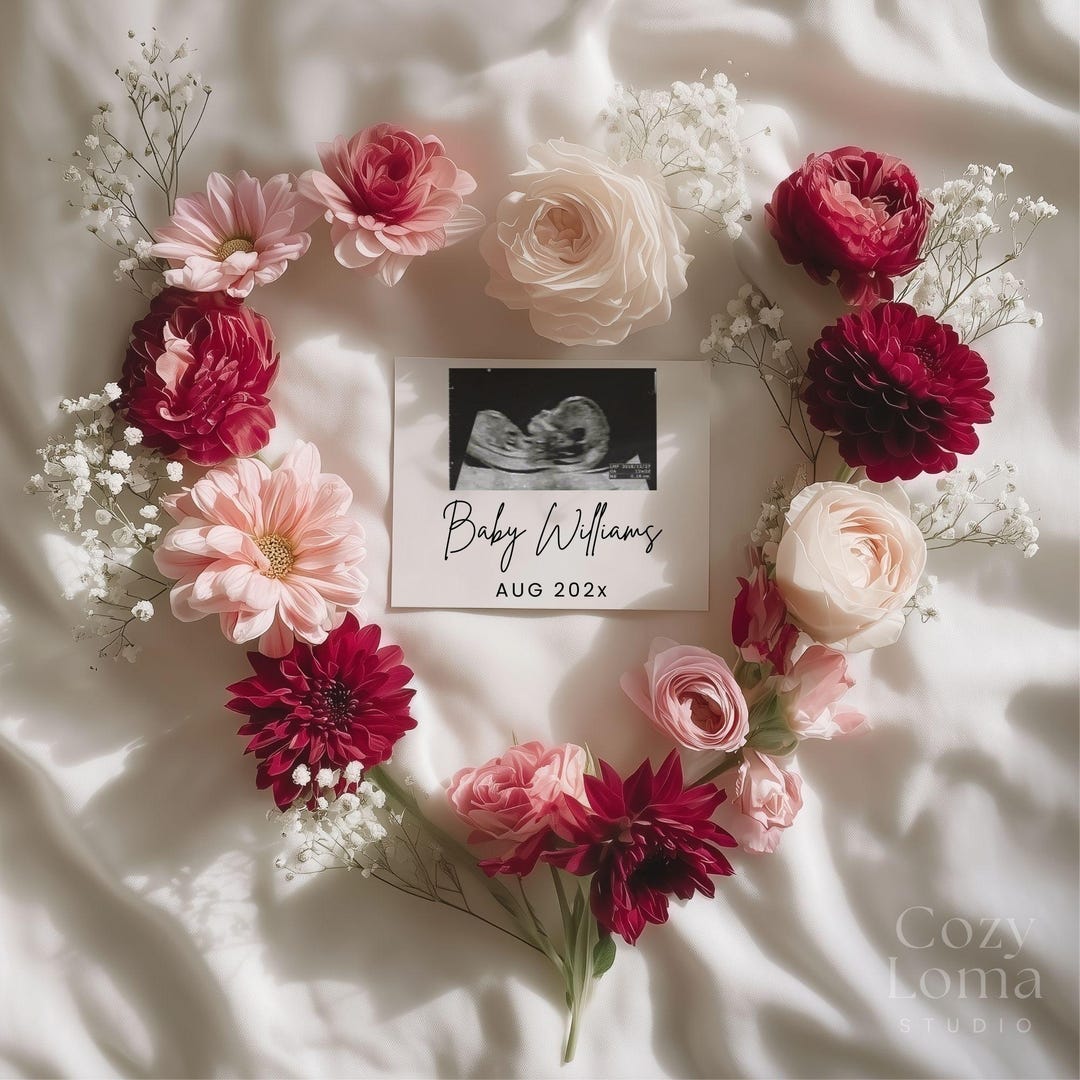 Floral Heart Pregnancy Announcement Digital, Boho Flower Baby Reveal ...
