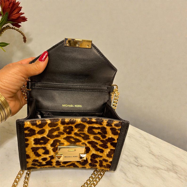 Michael Kors Leopard Print Crossbody Bag Gold Chain Small Leather ...