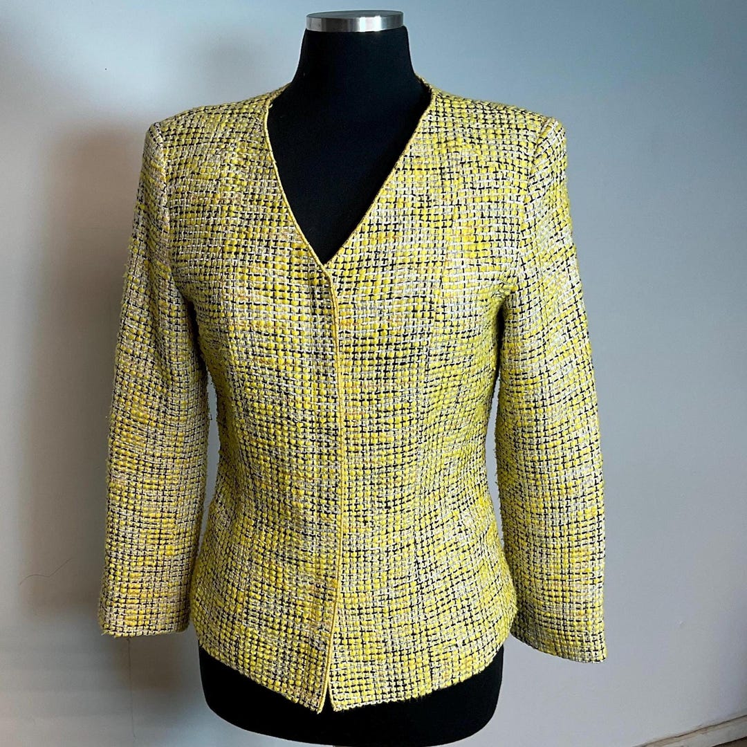 Doncaster Yellow Silk Tweed Jacket Blazer Women Tailored V-neck Classic ...