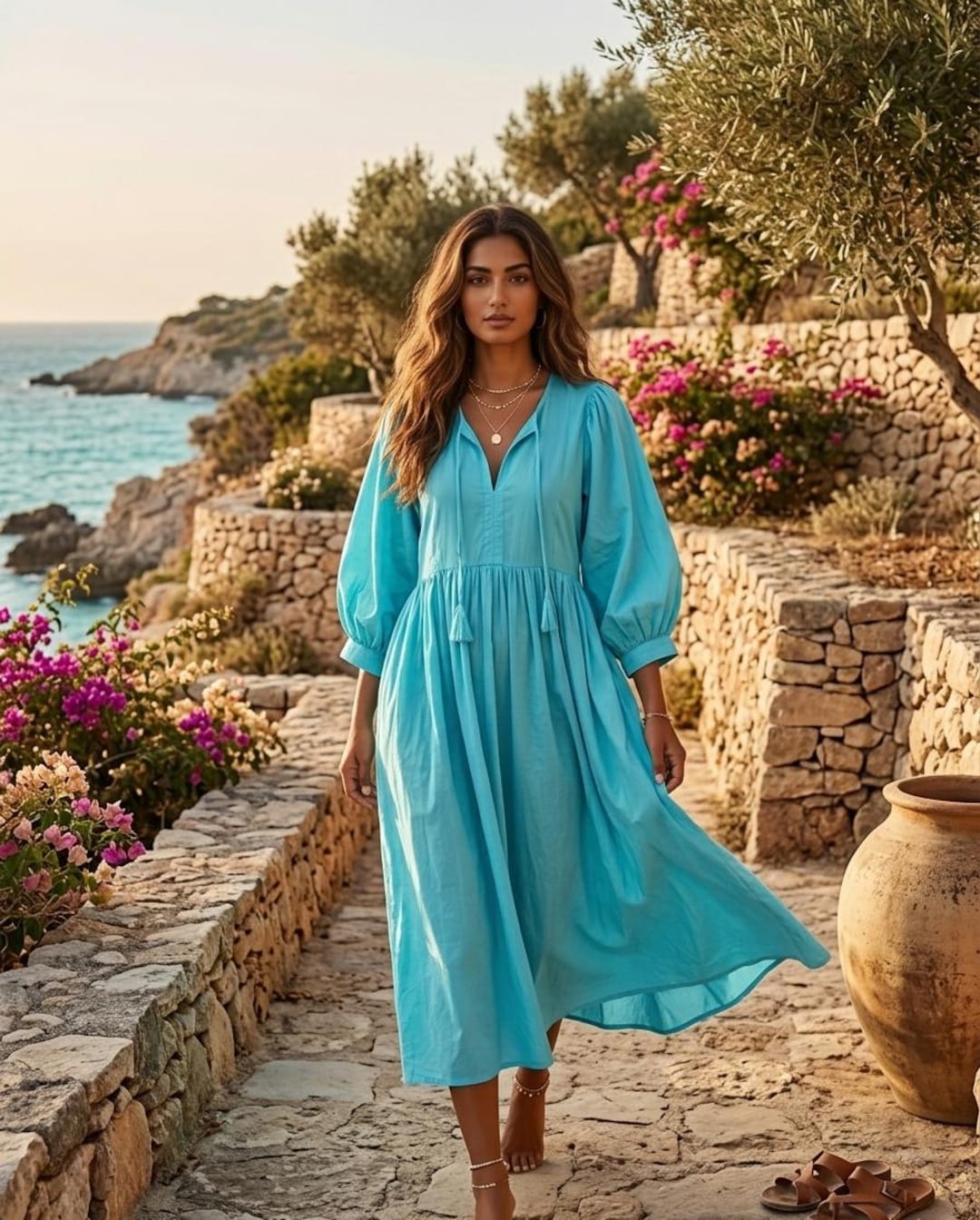 Blue Indian Cotton Midi Dress, Boho Puff Sleeve Kaftan, Summer Loose ...