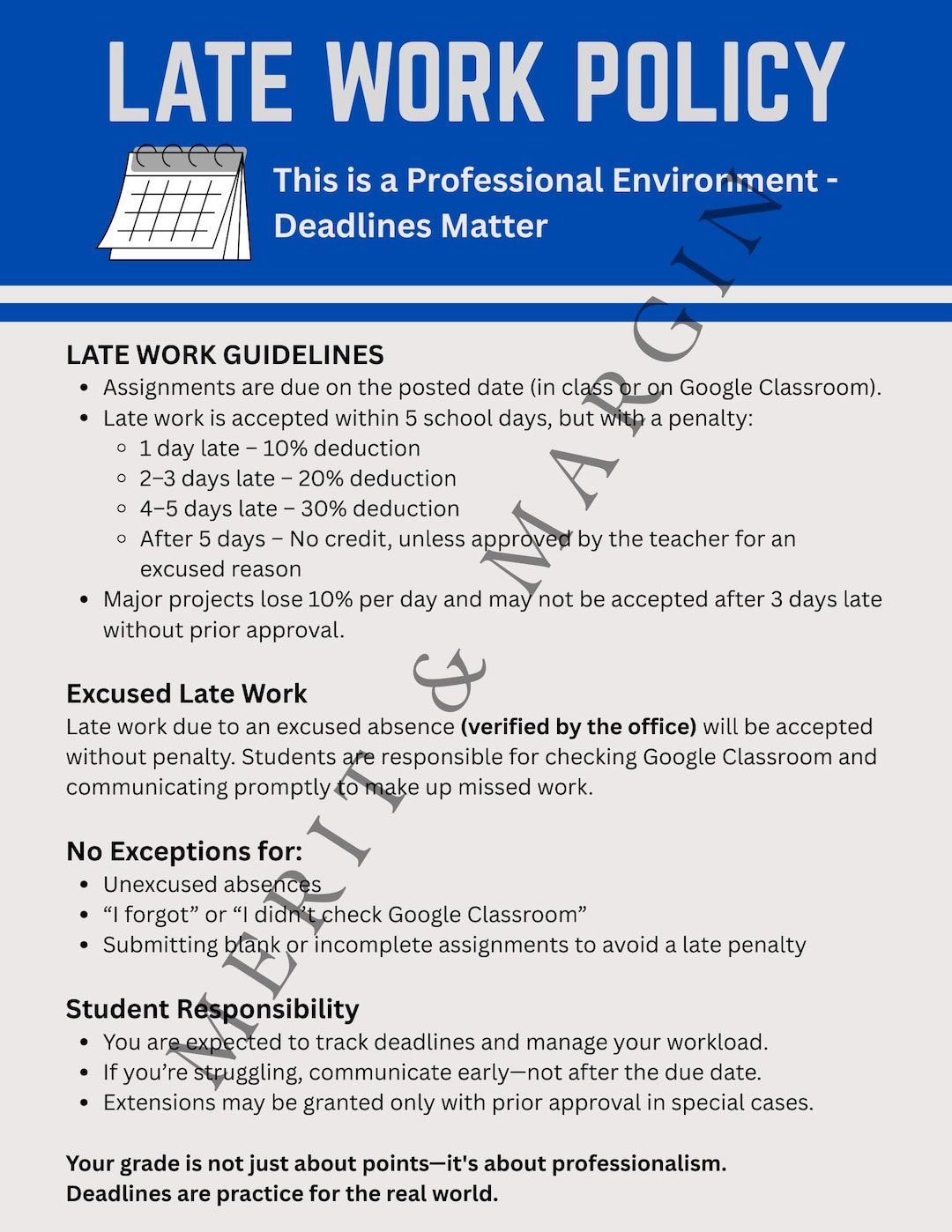 Professional Late Work Policy Template | Classroom Syllabus Policy for ...