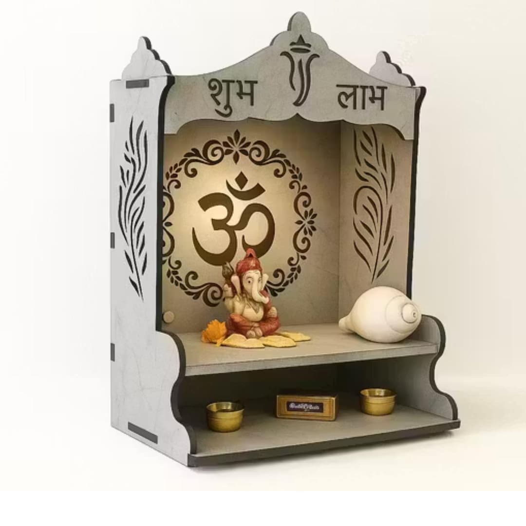 Grey Wooden Mandir With LED Light, Modern Indian Puja Ghar, Wall Mount ...